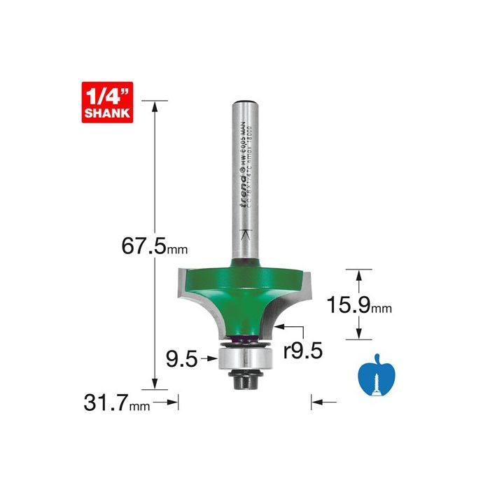 Trend Ovolo & Rounding Over Router Cutter C078 R=9.5mm S=1/4"